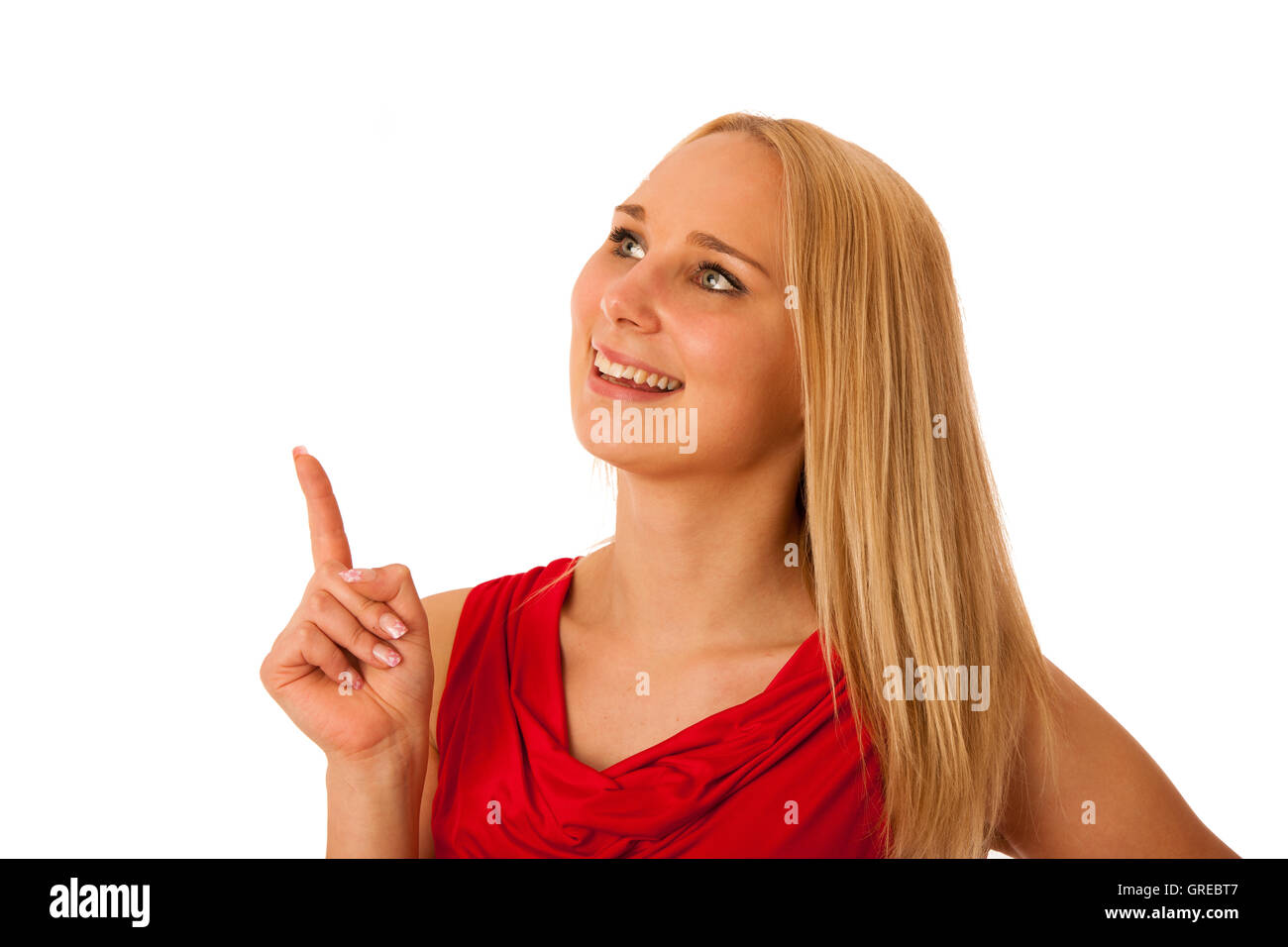 Business Woman In Red Shirt Pointing Into Copy Space Isolated Over