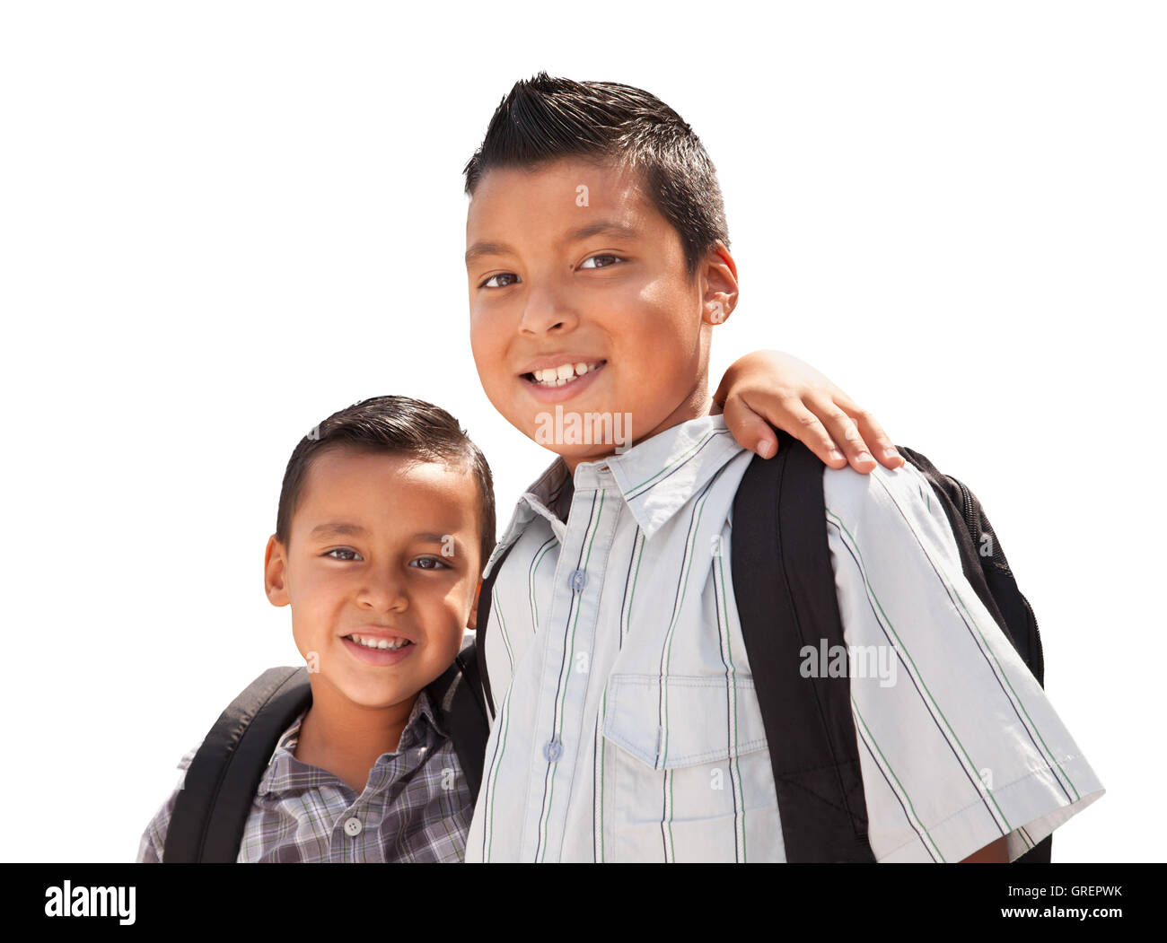 Young Hispanic Student Brothers Wearing Their Backpacks Isolated on a ...