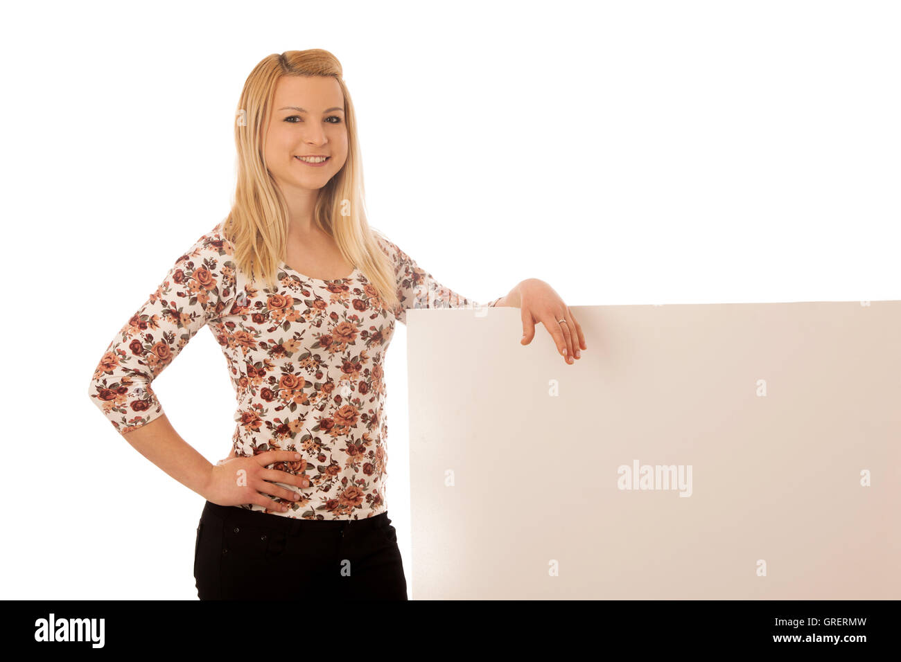 Sign board. Woman holding big white blank card. Positive emotional ...