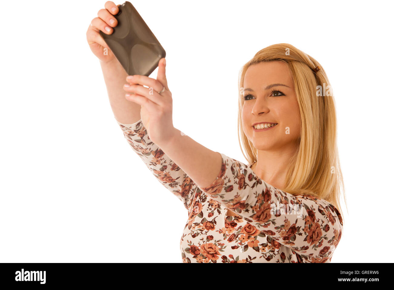 Beautiful Young Blond Woman Taking Selfie Isolated Over White Stock