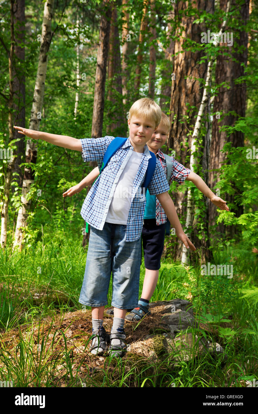 Children with backpacks walking in a summer forest, go hiking and ...