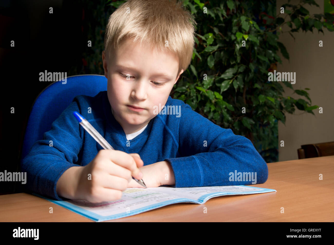 Young caucasian boy doing his elementary school homework while sitting ...