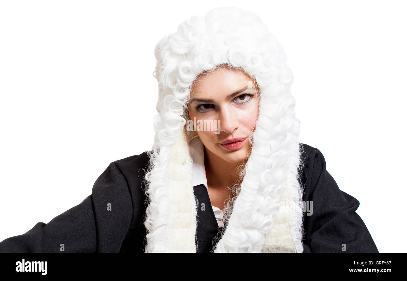 Female judge wearing a wig and black mantle isolated on white Stock ...