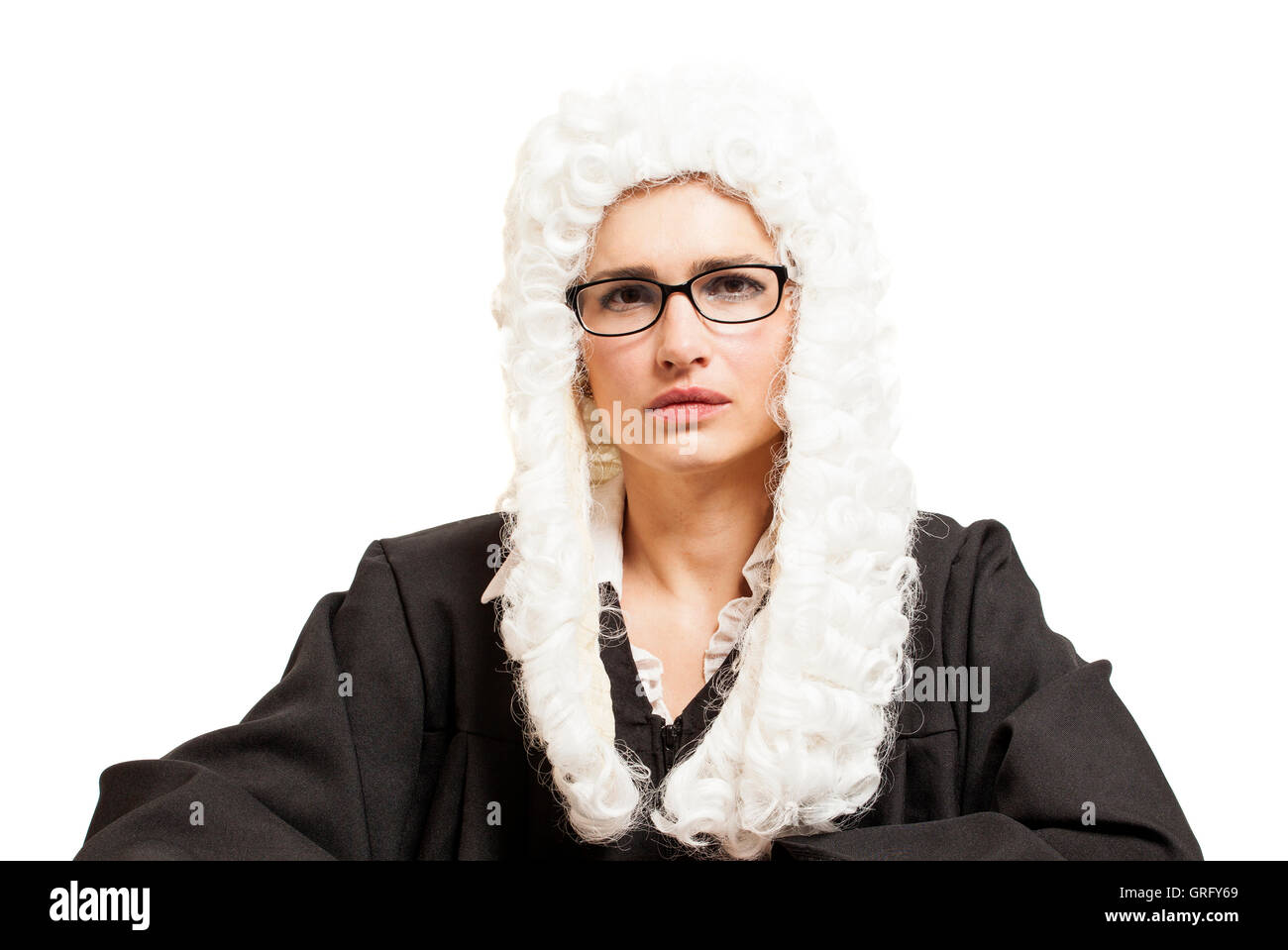 Female judge wearing a wig and Back mantle with eyeglasses isolated on ...