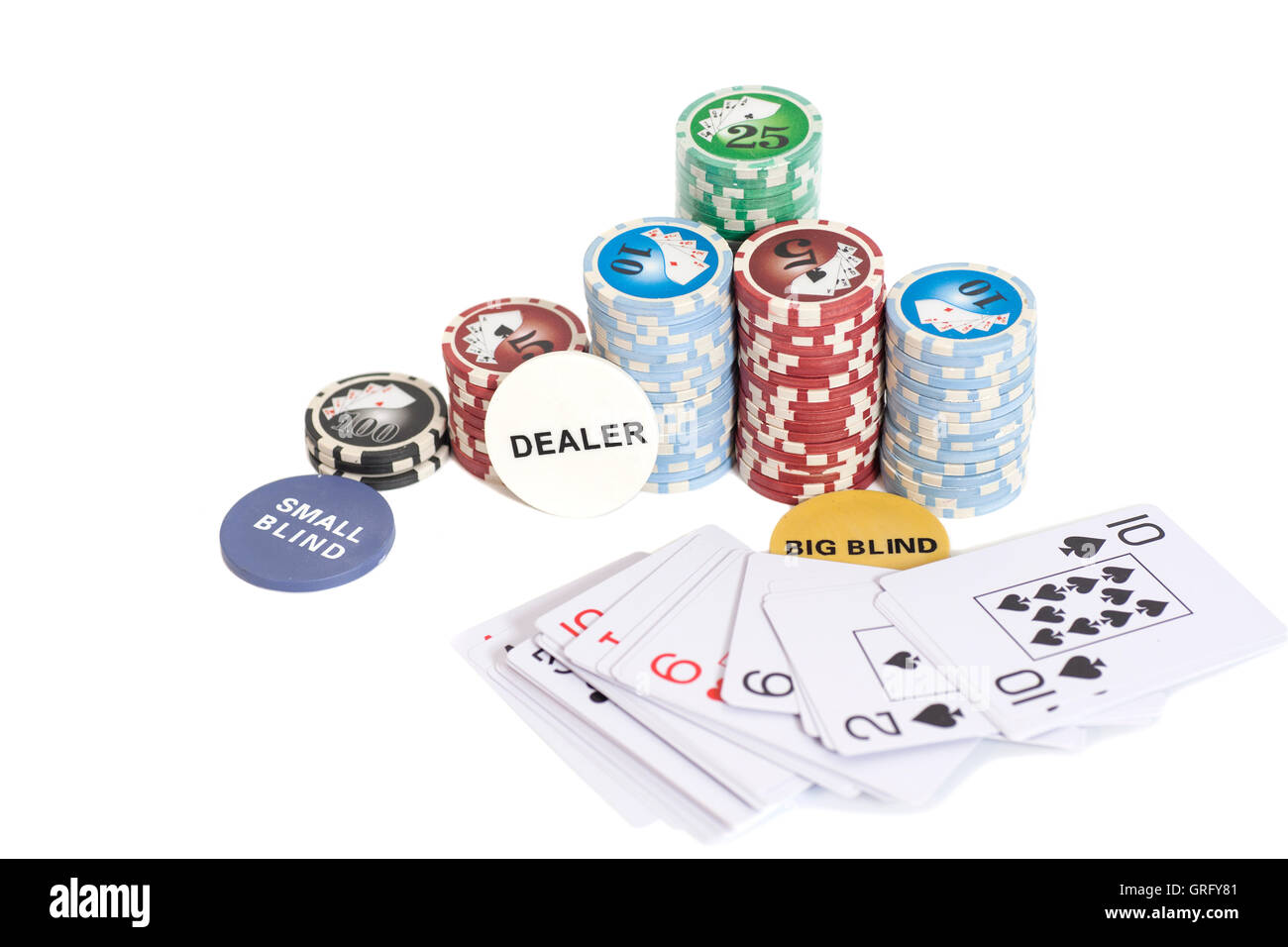 Poker dealer chips,playing card and poker chips stack on white ...