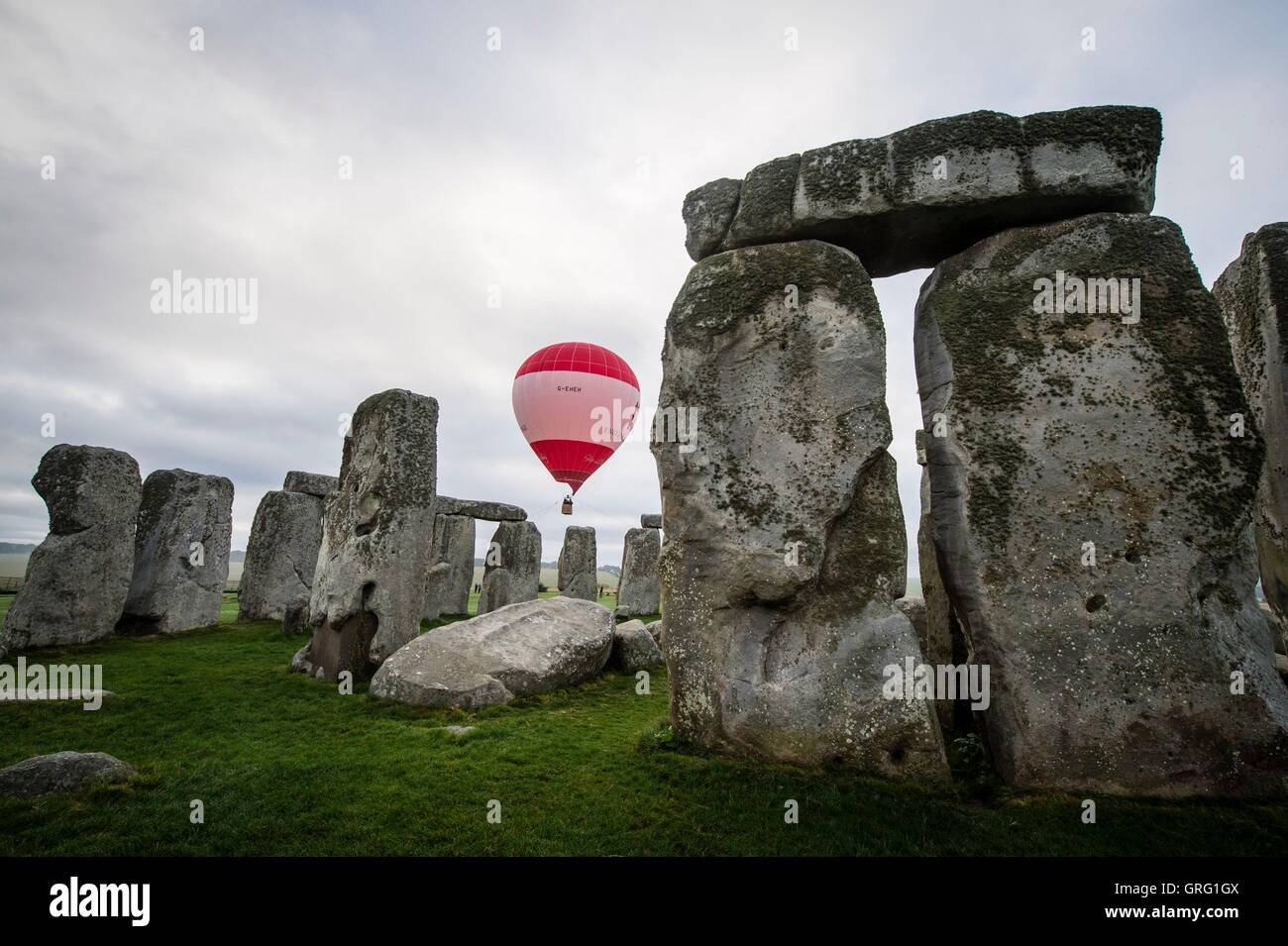 A hot air balloon above Stonehenge, Wiltshire, where the UNESCO World ...