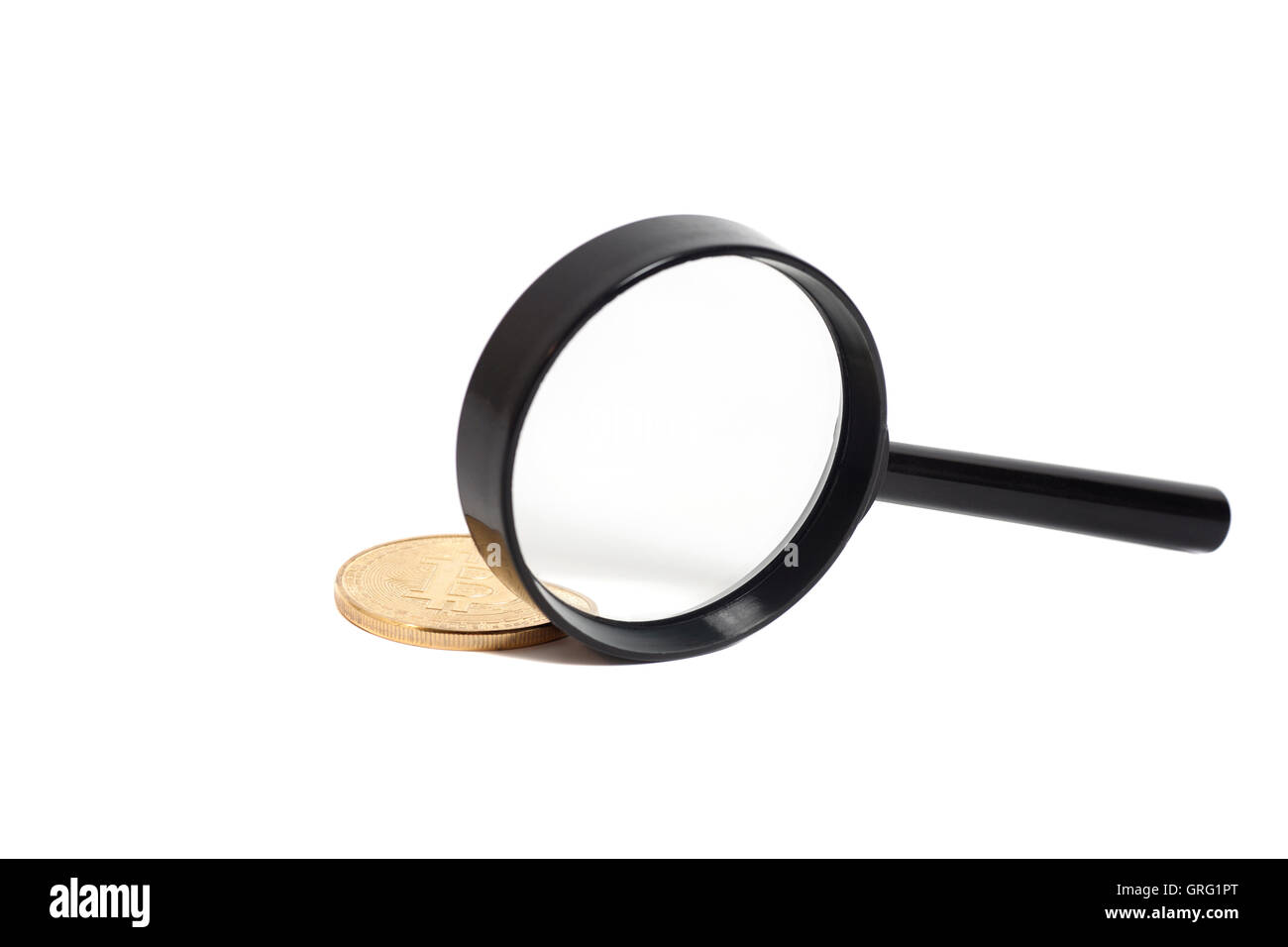 Magnifier glass with golden bitcoin coin isolated on white background ...