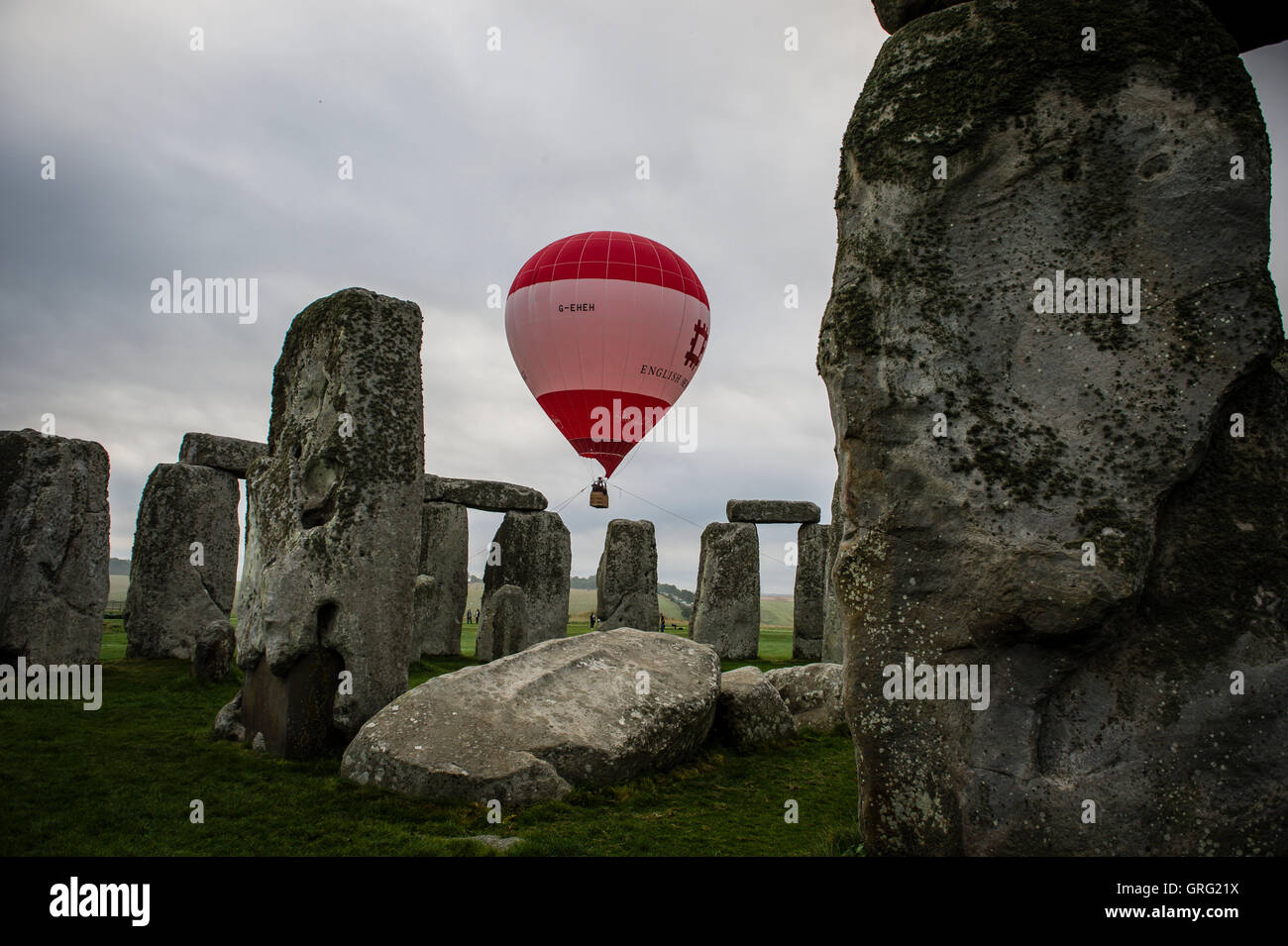 A hot air balloon above Stonehenge, Wiltshire, where the UNESCO World ...