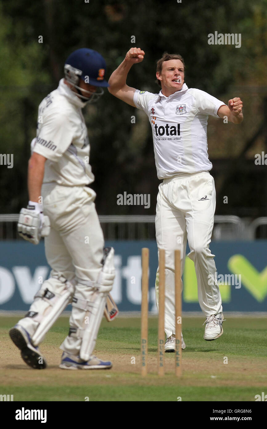 Will Gidman celebrates the wicket of James Foster, clean bowled - Essex ...