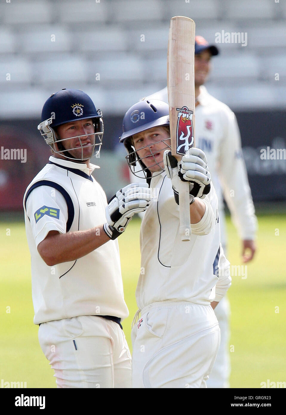 Jimmy Adams of Hampshire (R) celebrates scoring 150 runs with batting ...