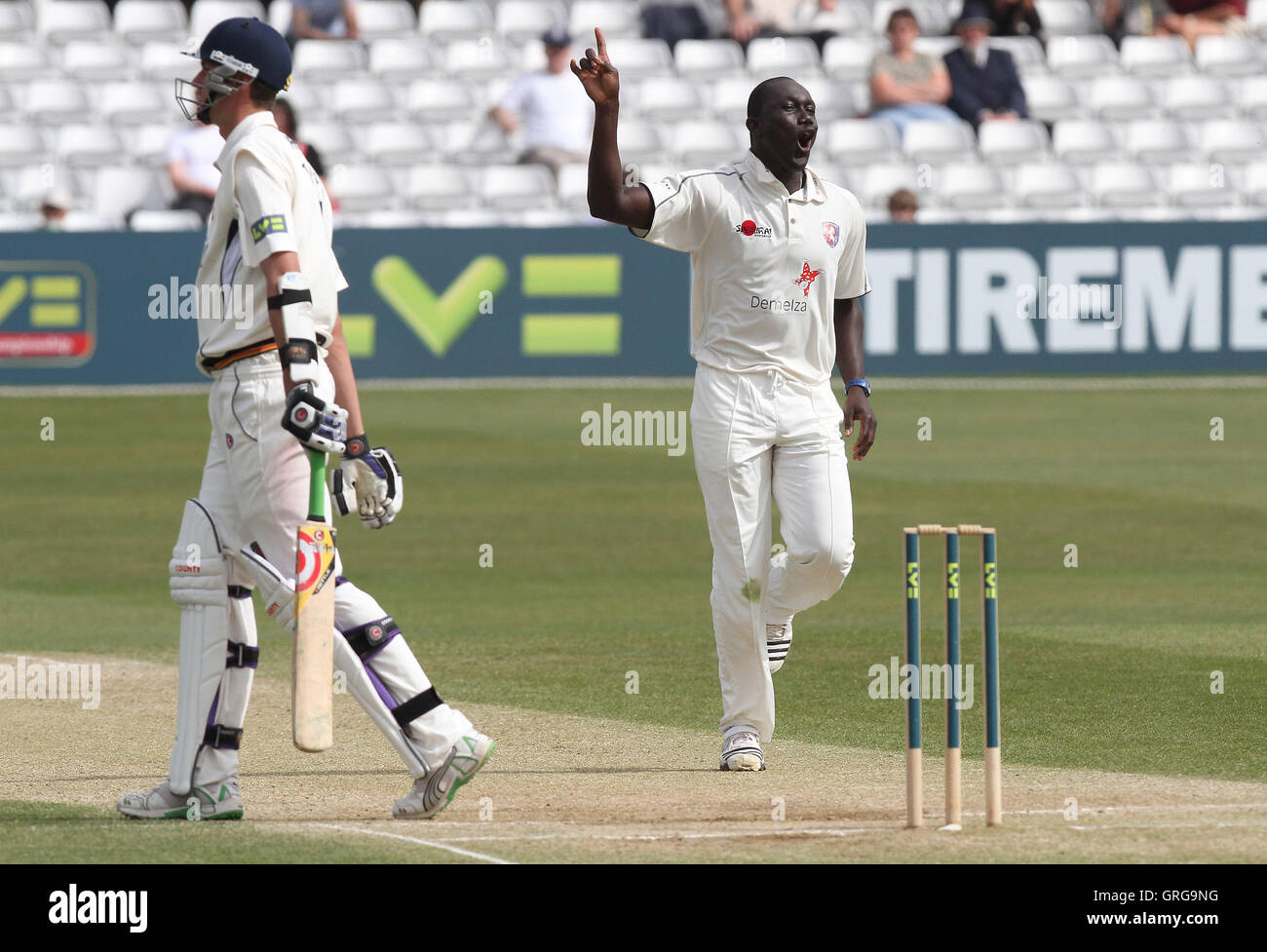 Robbie Joseph of Kent celebrates taking the match winning wicket of ...