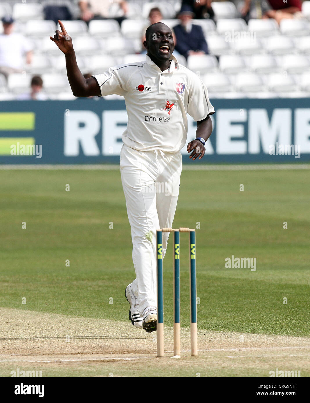 Robbie Joseph of Kent celebrates taking the match winning wicket of ...