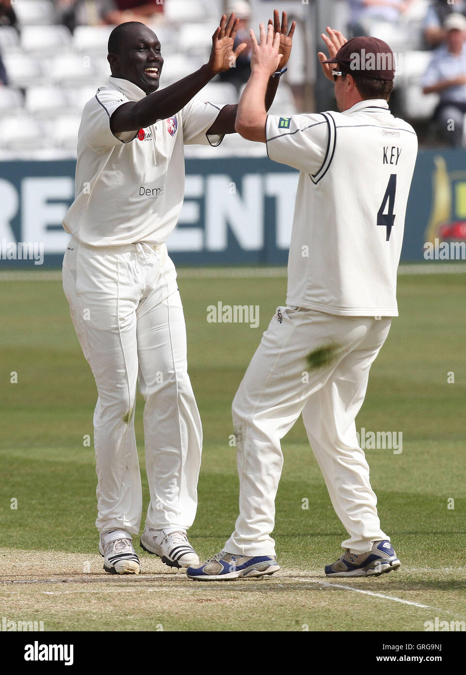 Robbie Joseph of Kent celebrates taking the match winning wicket of ...