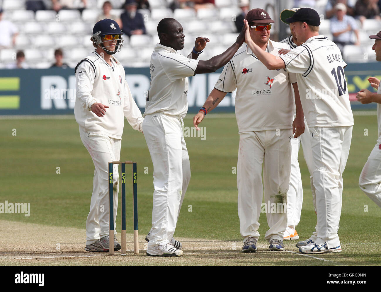 Robbie Joseph of Kent celebrates taking the match winning wicket of ...