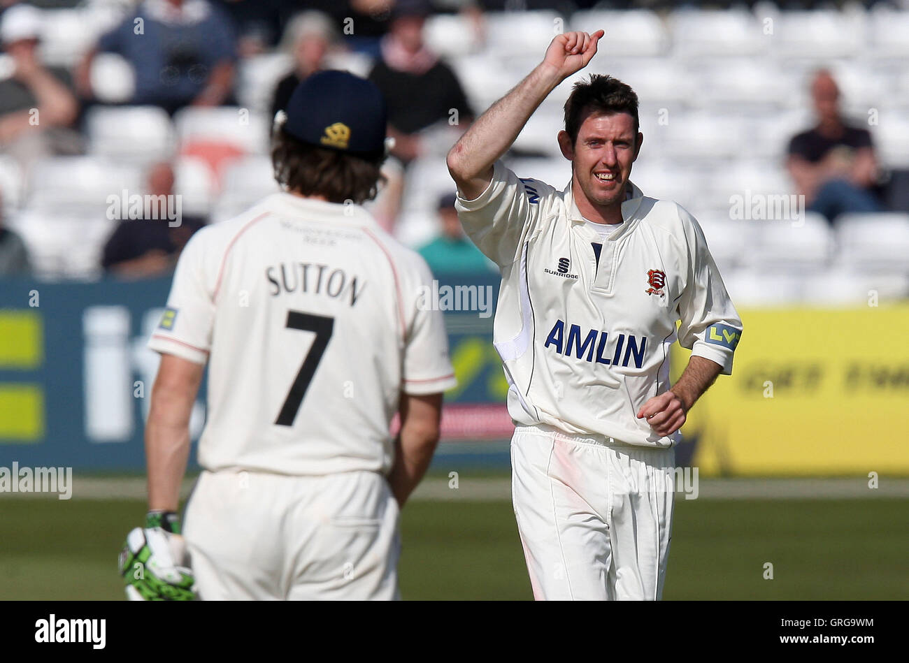 David Masters of Essex claims the wicket of Luke Sutton of Lancashire ...