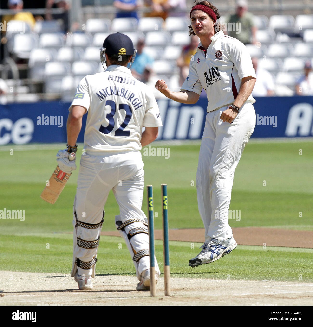Northants bowler Jack Brooks celebrates taking the wicket of Jaik ...