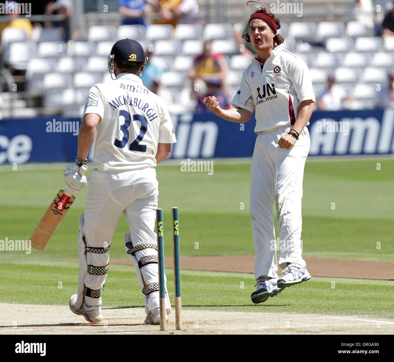 Northants bowler Jack Brooks celebrates taking the wicket of Jaik ...