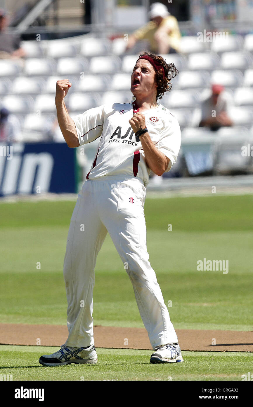 Northants bowler Jack Brooks celebrates taking the wicket of Tom ...