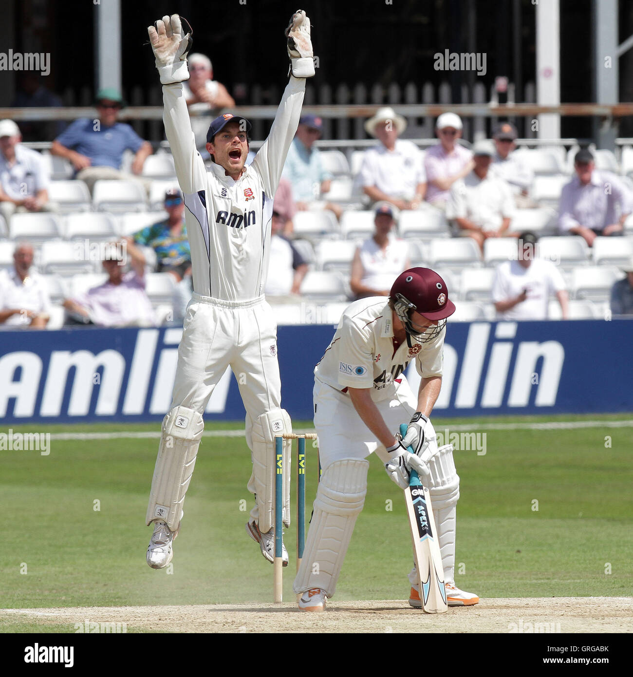 James Foster of Essex leaps to celebrate the wicket of Alex Wakely ...