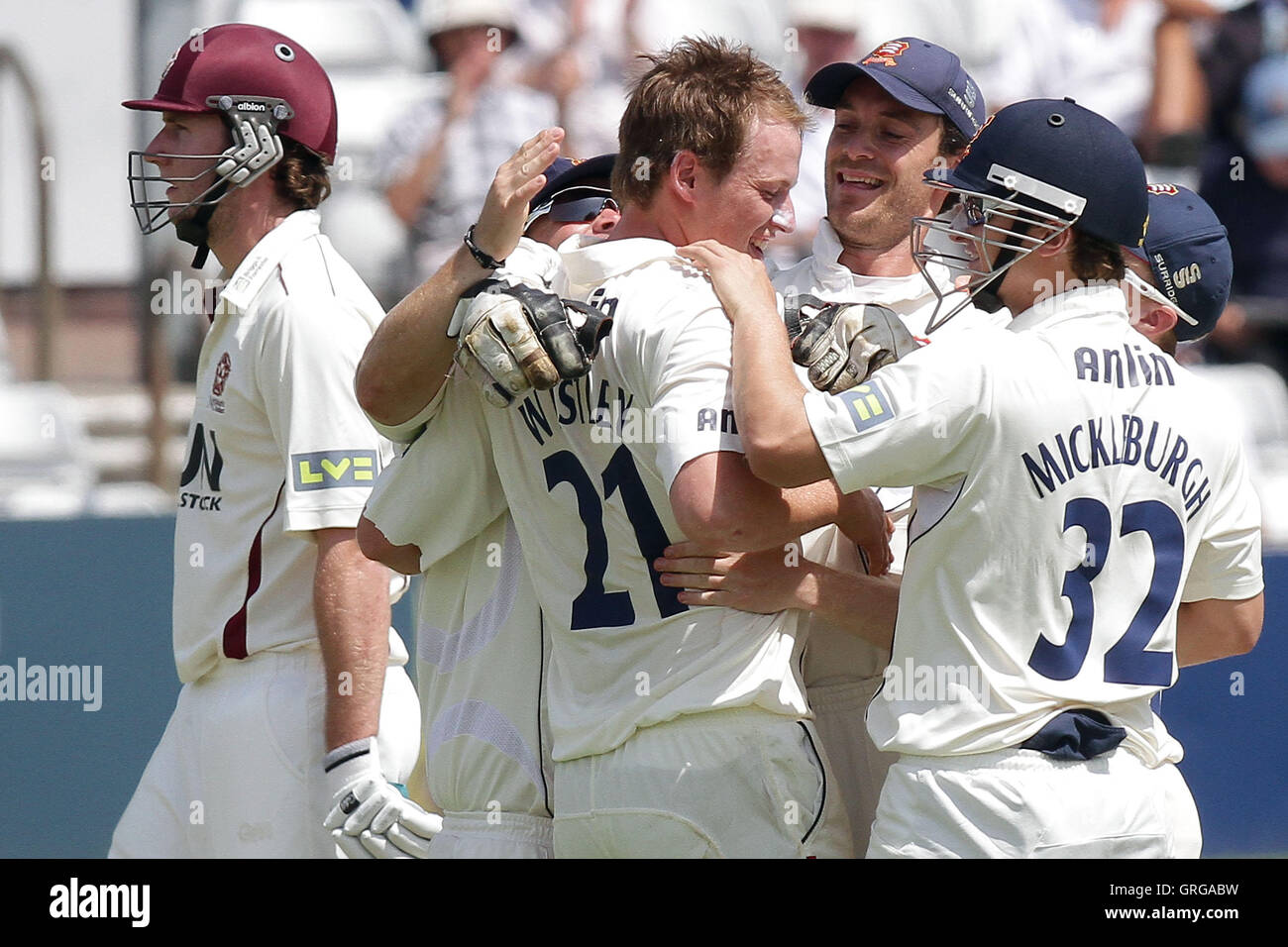 Essex players celebrate the wicket of Alex Wakely (L), trapped lbw by ...