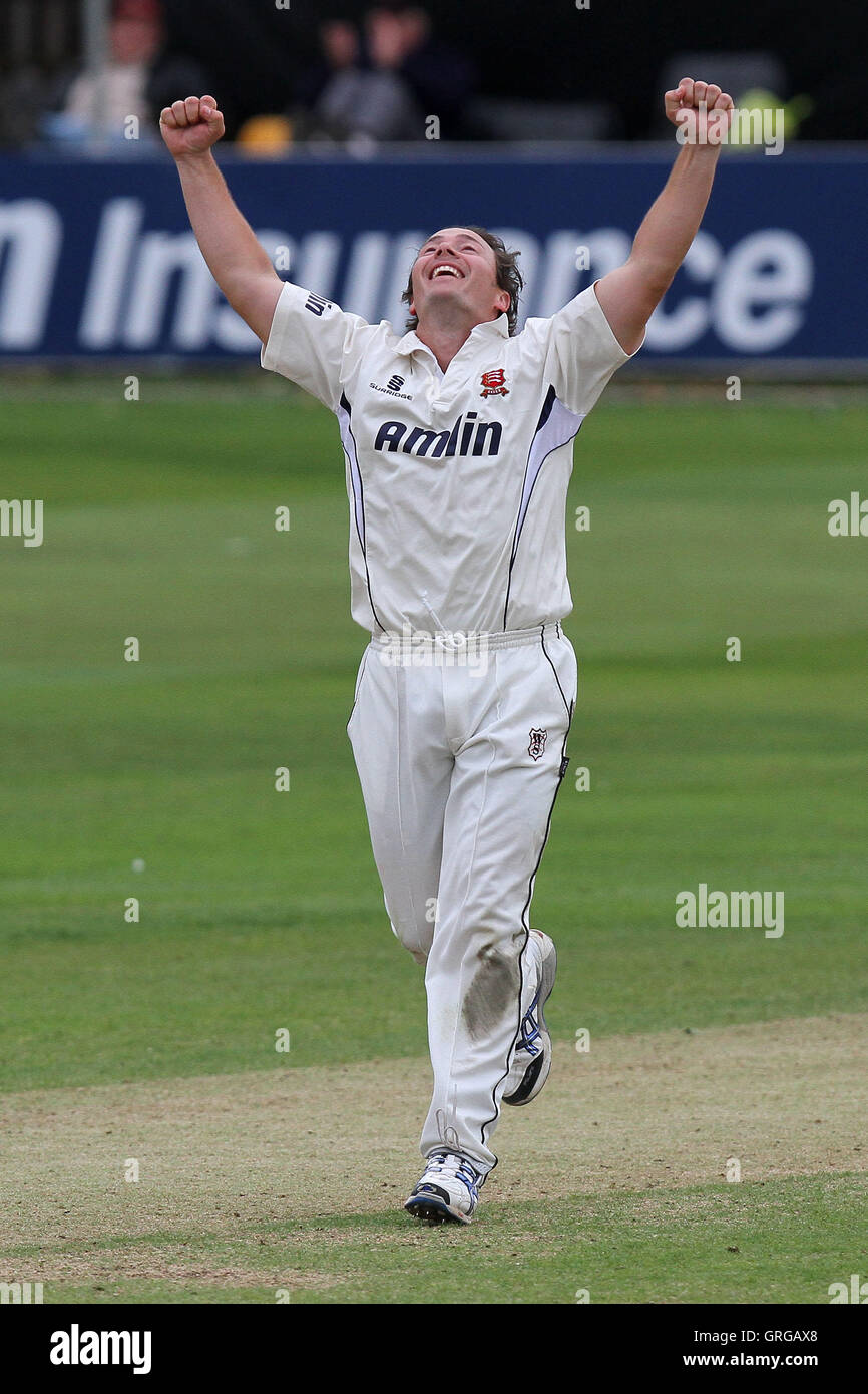 Graham Napier of Essex celebrates the wicket of Chris Jordan, his fifth ...