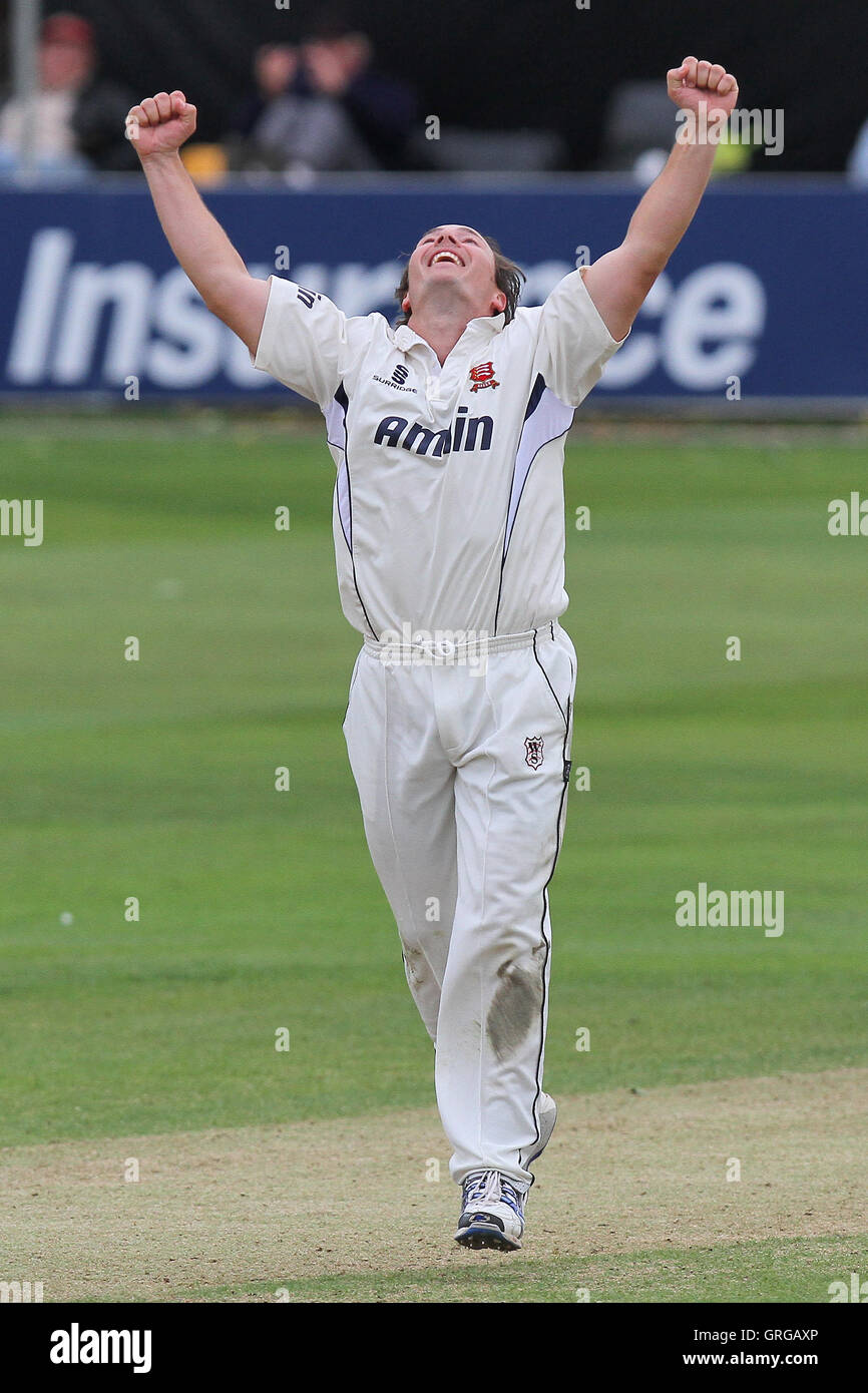 Graham Napier of Essex celebrates the wicket of Chris Jordan, his fifth ...