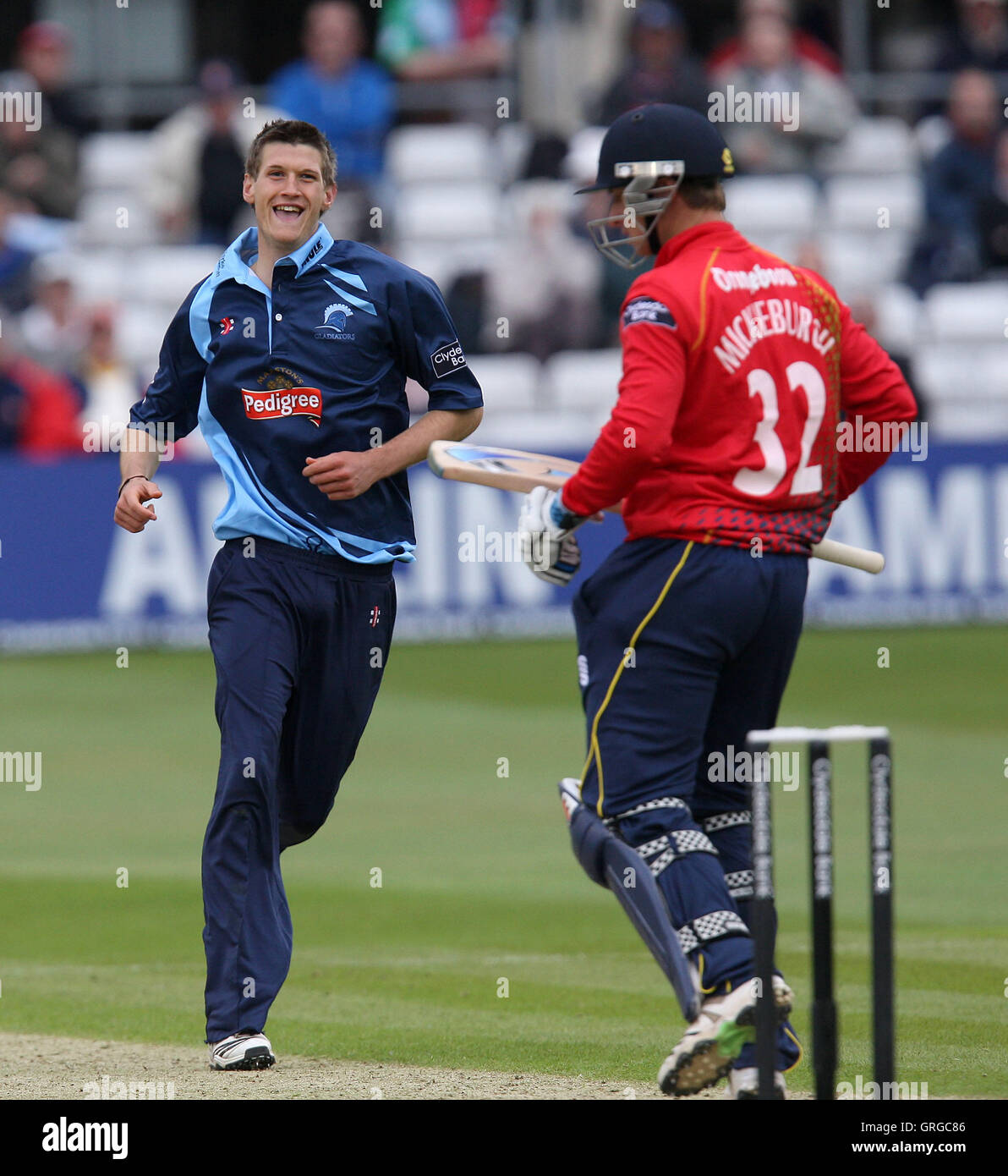 David Payne of Gloucestershire celebrates the wicket of Jaik ...