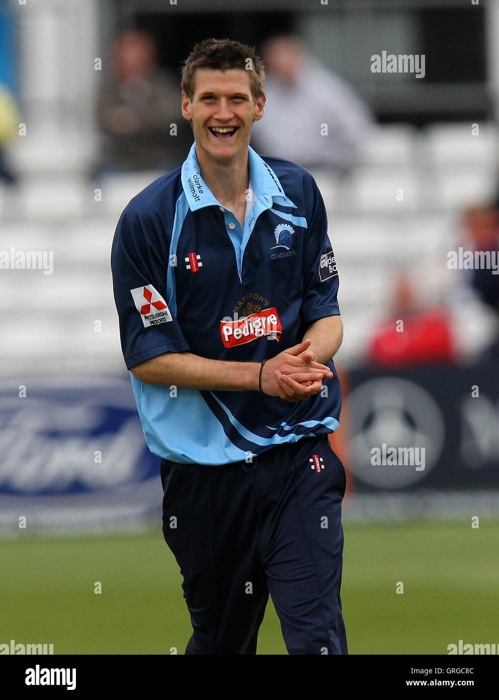 David Payne of Gloucestershire celebrates the wicket of Jaik ...