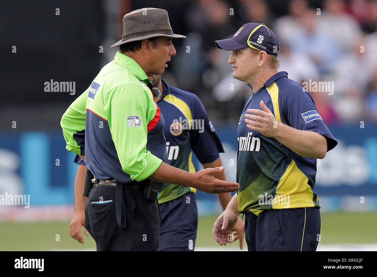 Scott Styris of Essex protests to umpire David Millns after the wicket ...
