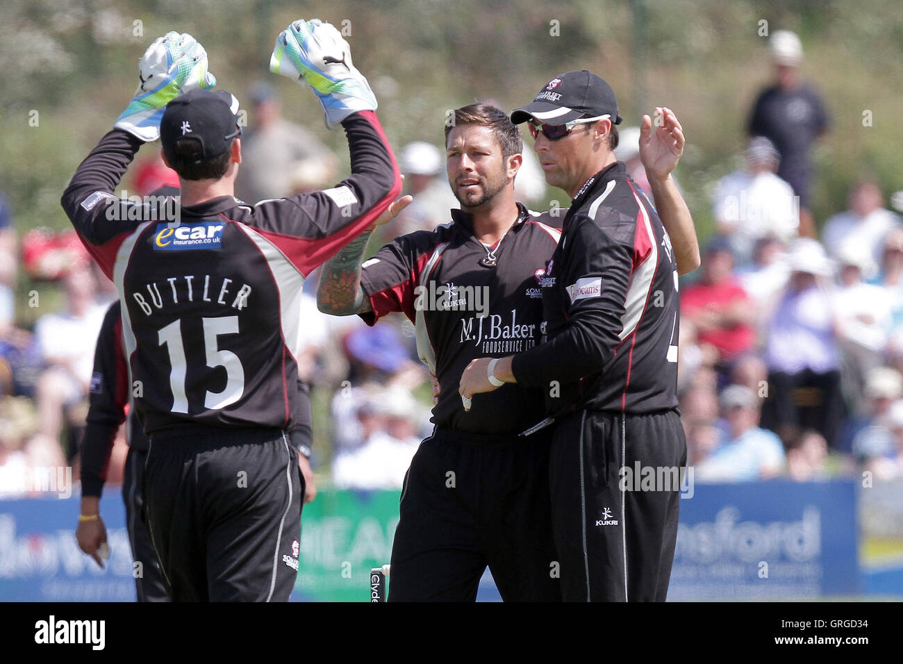 Peter Trego of Somerset celebrates the wicket of Owais Shah - Essex ...
