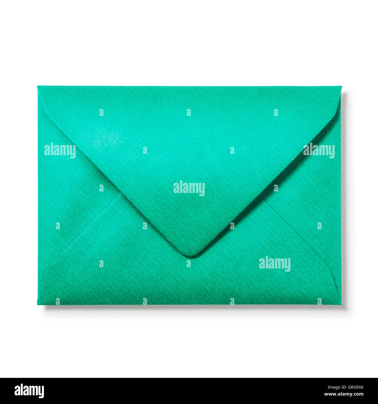 Green envelope isolated on white background. Single object with clipping path. Top view, flat ...