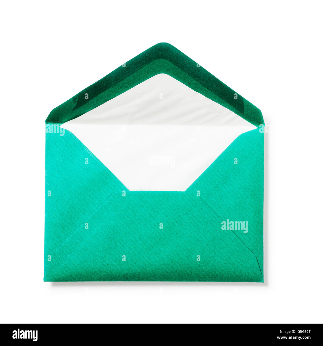 Green envelope isolated on white background. Single object with clipping path. Top view, flat ...