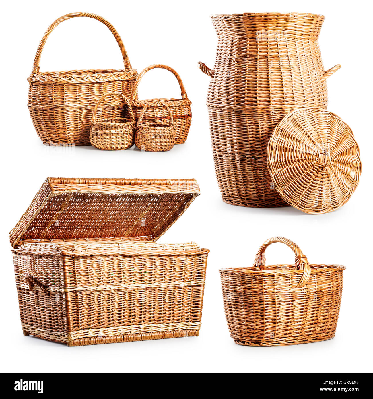Wicker basket and laundry box collection isolated on white background ...