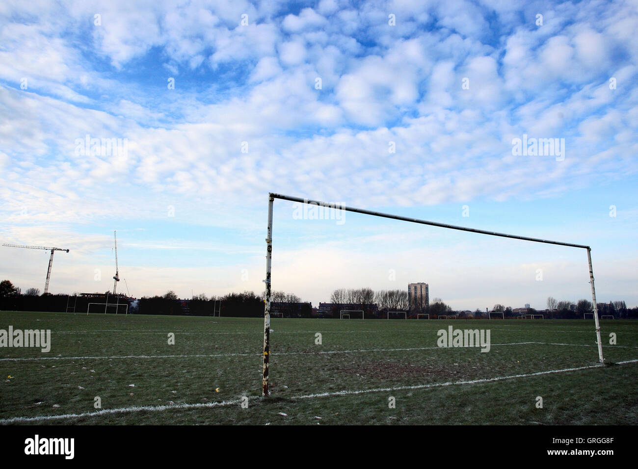 Goal posts are seen on a frosty pitch at South Marsh, Hackney Marshes ...