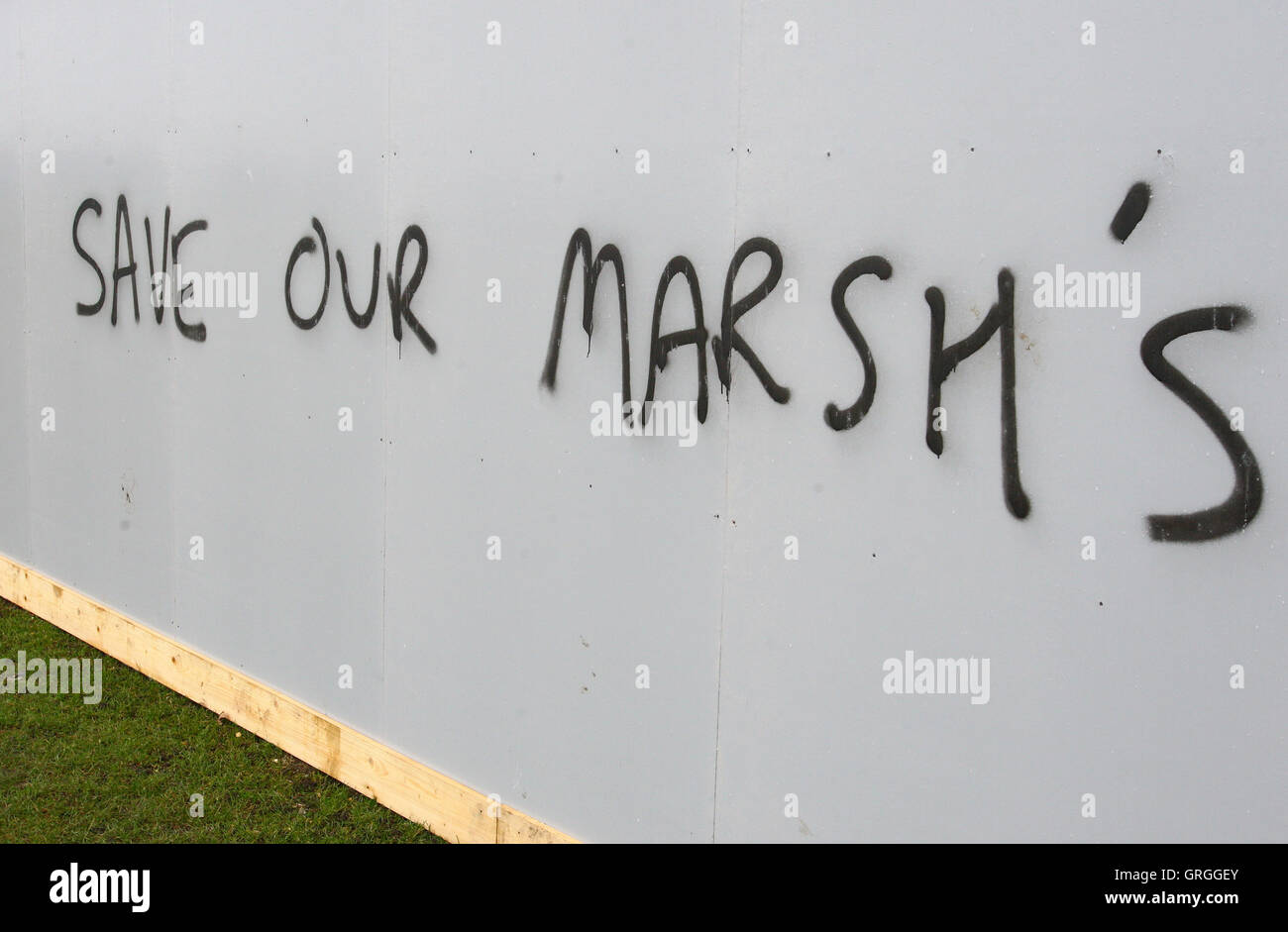 Graffiti is seen on the South Marsh at Hackney "Save our Marsh's (sic ...