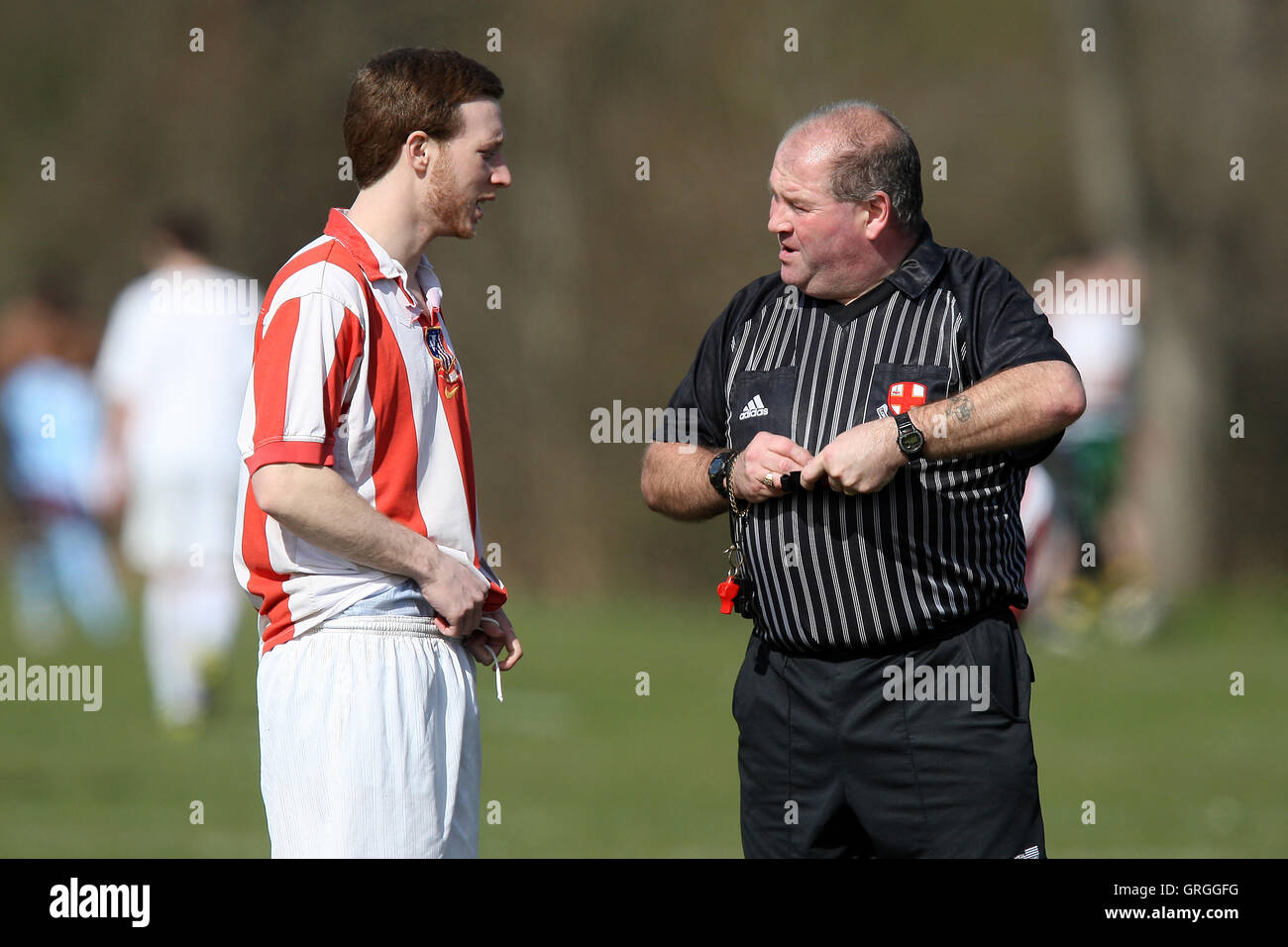 A Bancroft United FC player talks to the referee during a Hackney ...