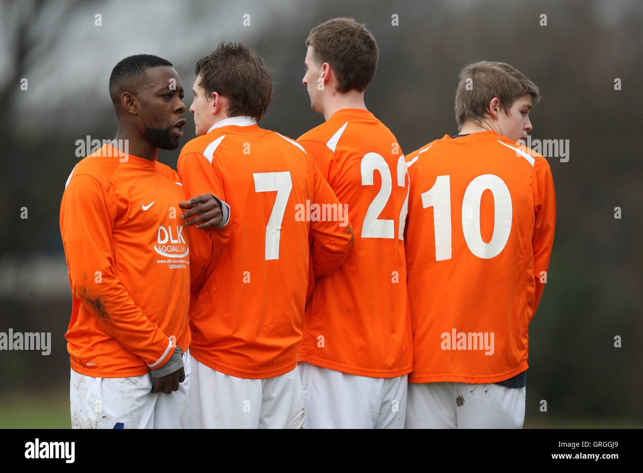 Adam & Eve FC footballers form a defensive wall during a Hackney ...