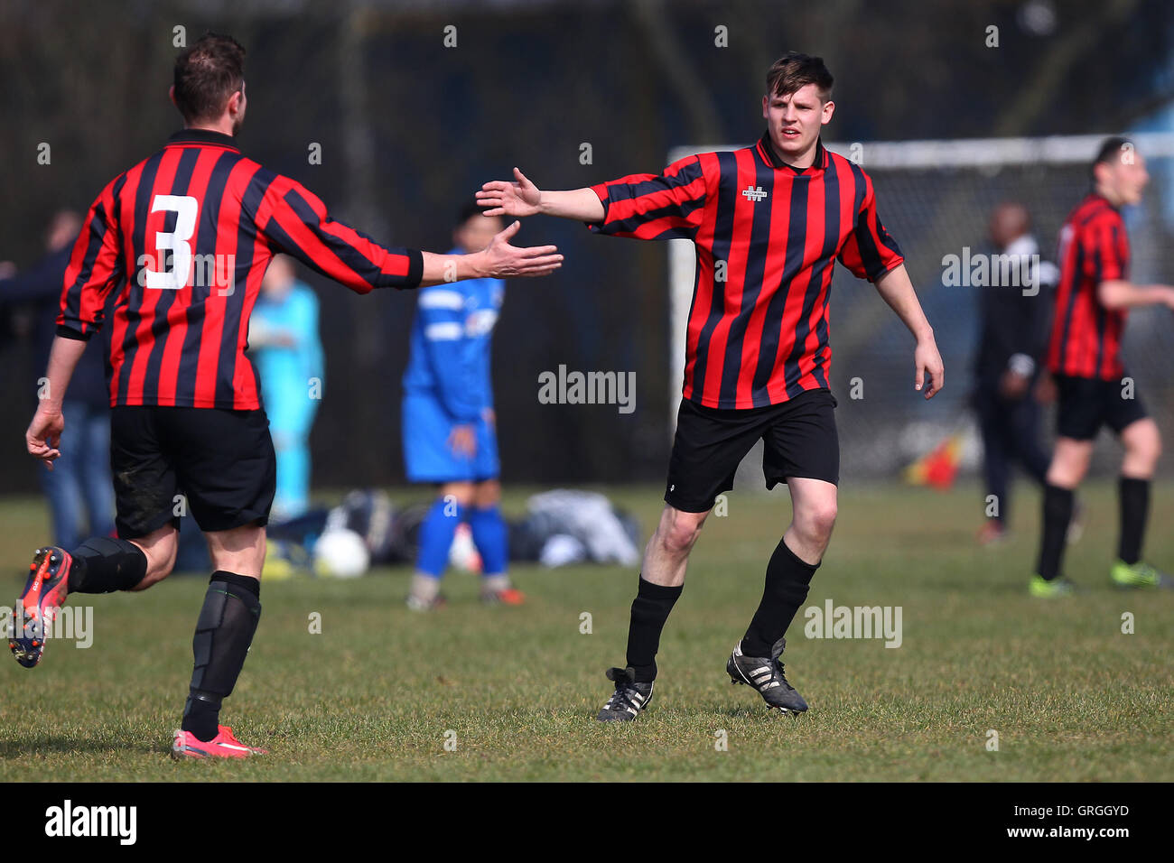 South London celebrate their third goal - Gladstone Wanderers (blue) vs ...