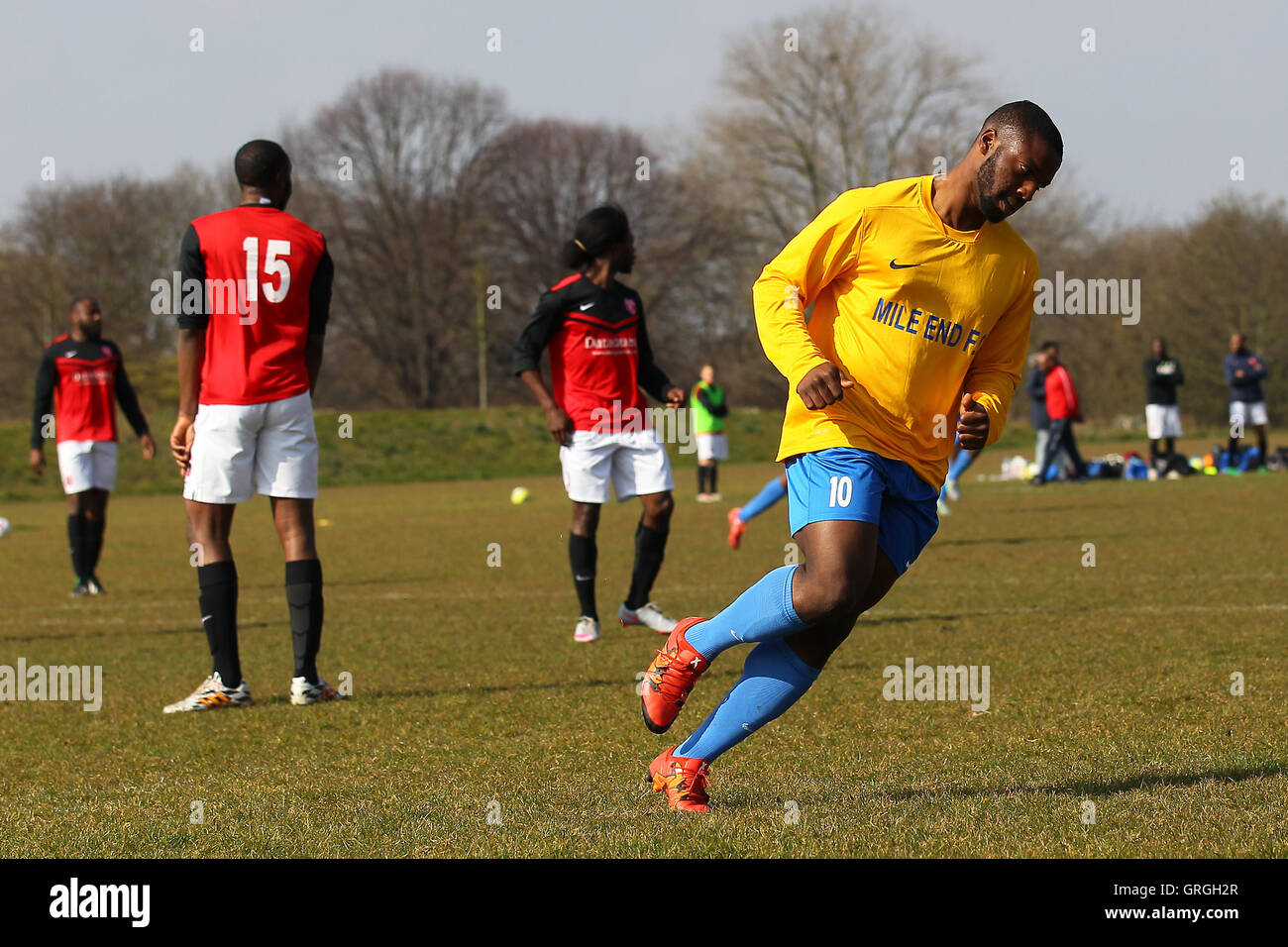 Mile End score their first goal during Highfield (red/black) vs Mile ...