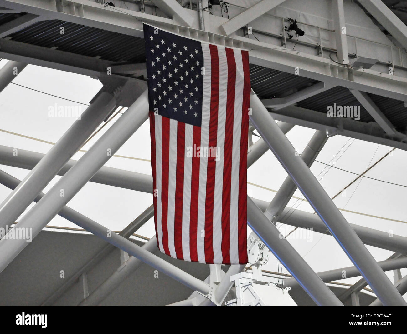 Flushing Meadows, New York. September 6, 2016. The US open flag hangs ...
