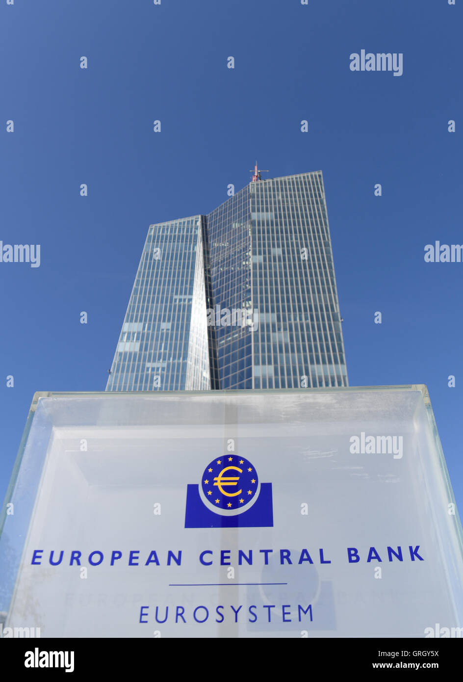 The headquarters of the European Central Bank (ECB) towers behind a ...