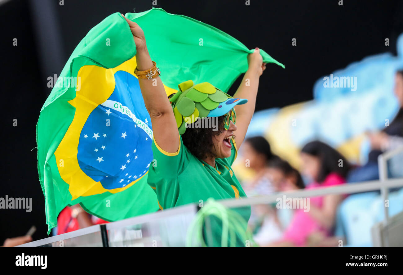 A Brazilian supporter cheers in in the Maracana Stadium prior the ...