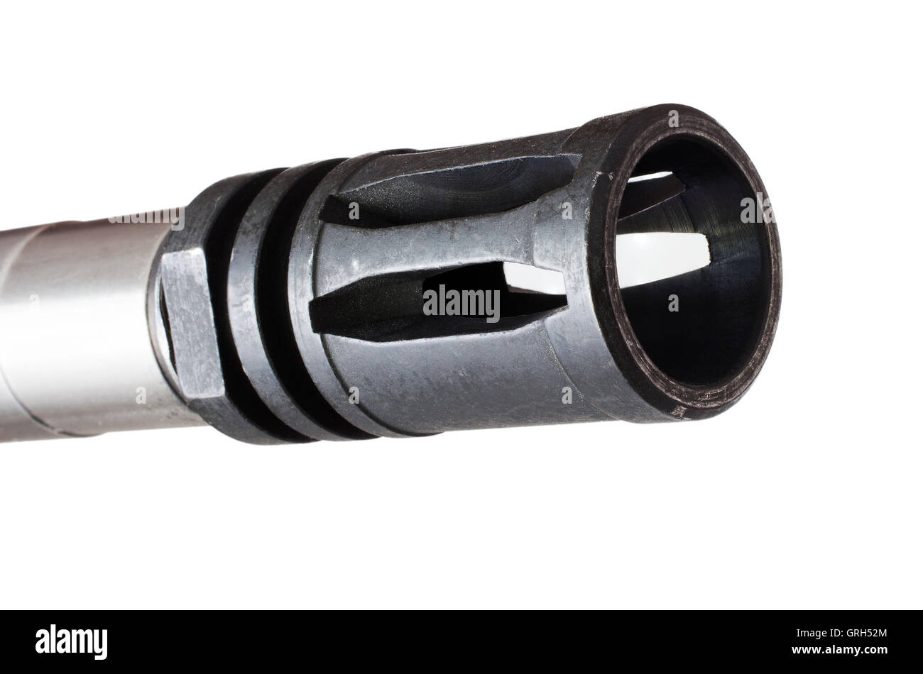 Flash hider on a rifles barrel isolated on a white background Stock ...