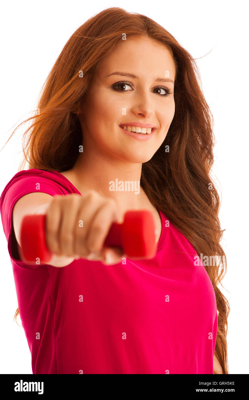 Fitness Gym Woman Works Out With Dumbbells Isolated Over White