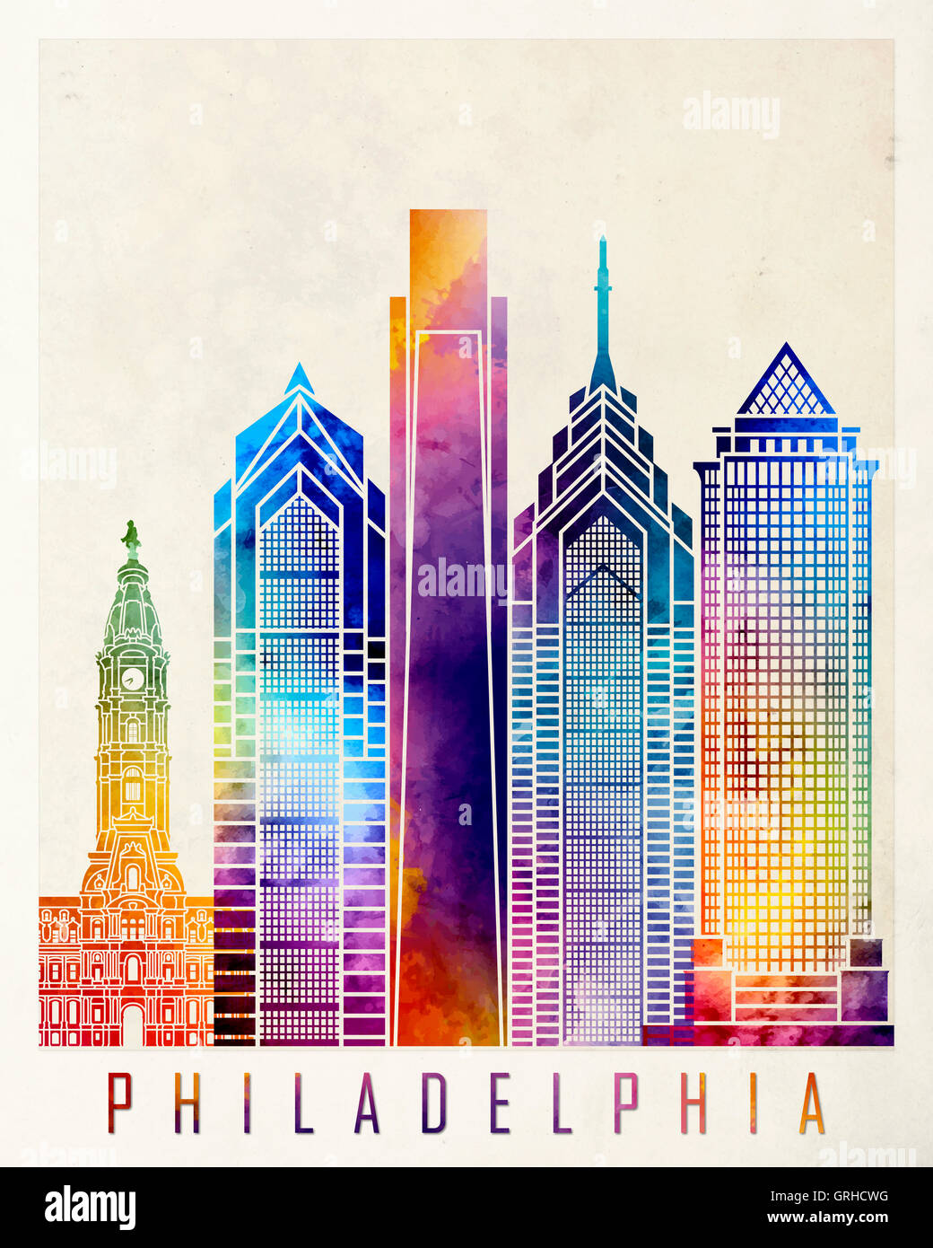 Philadelphia landmarks watercolor poster Stock Photo - Alamy
