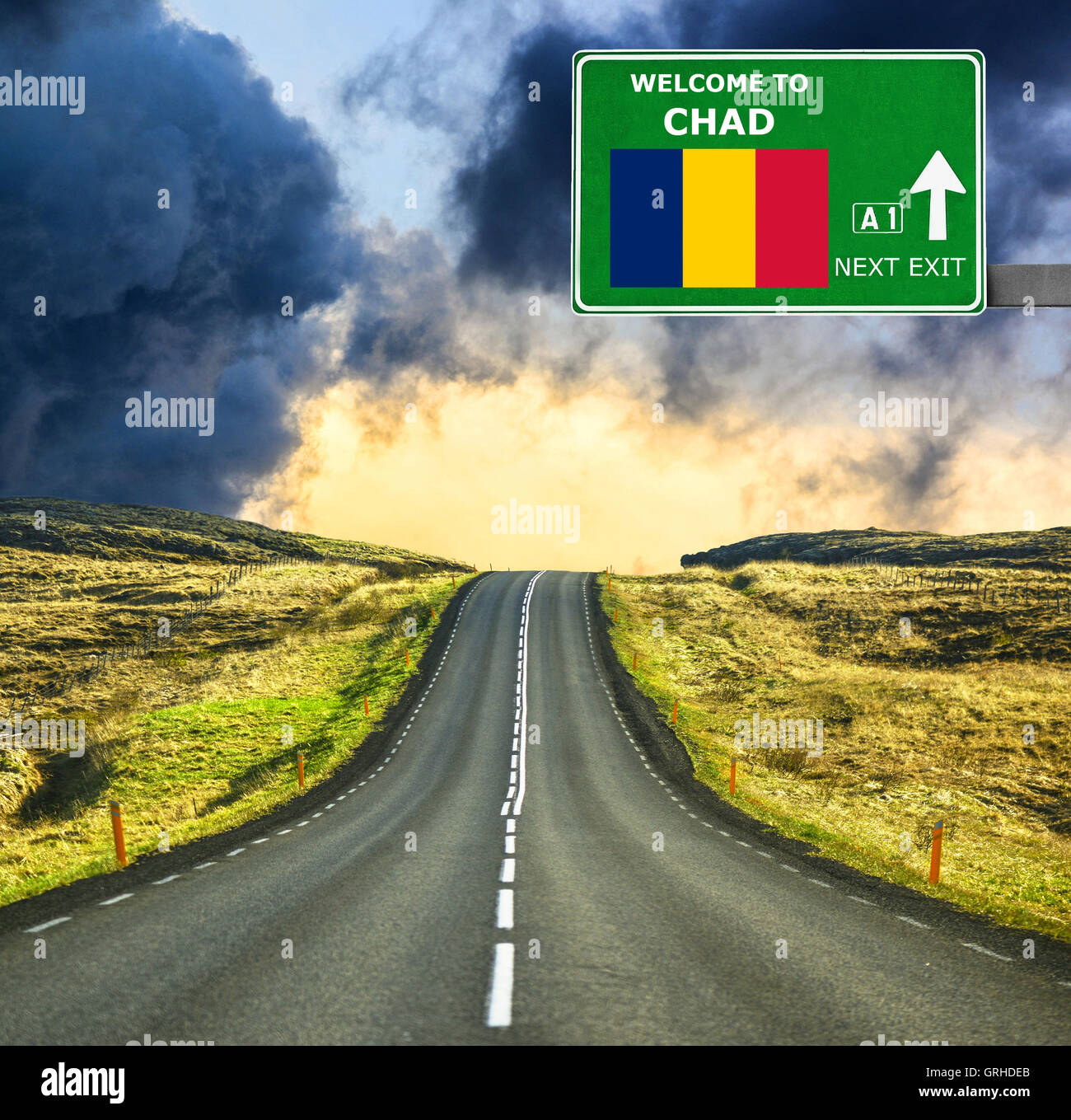 Chad road sign against clear blue sky Stock Photo - Alamy