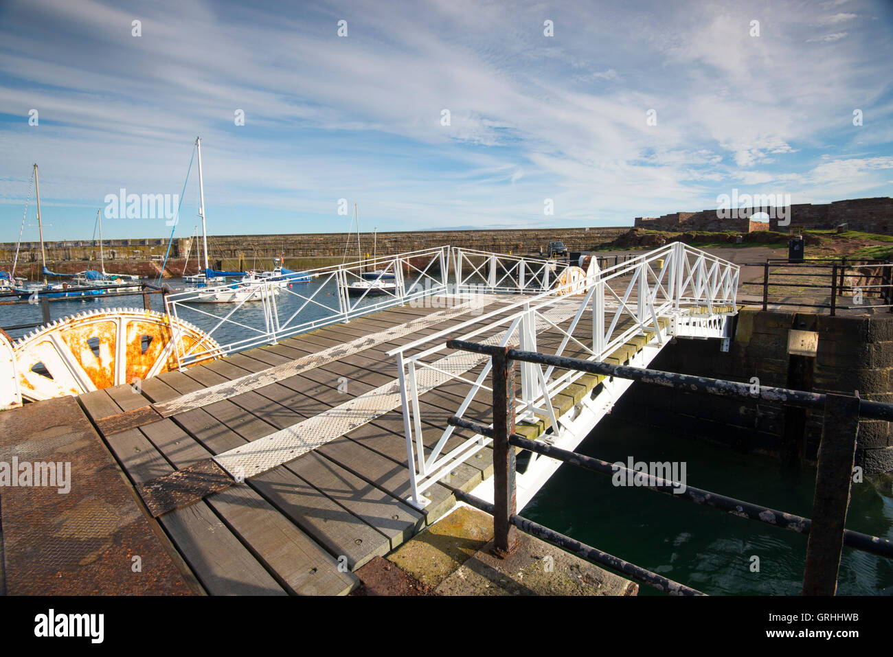 The lifting bridge in the harbour at Dunbar, East Lothian Scotland UK ...