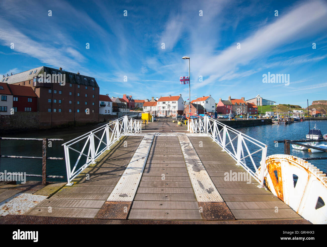 The lifting bridge in the harbour at Dunbar, East Lothian Scotland UK ...