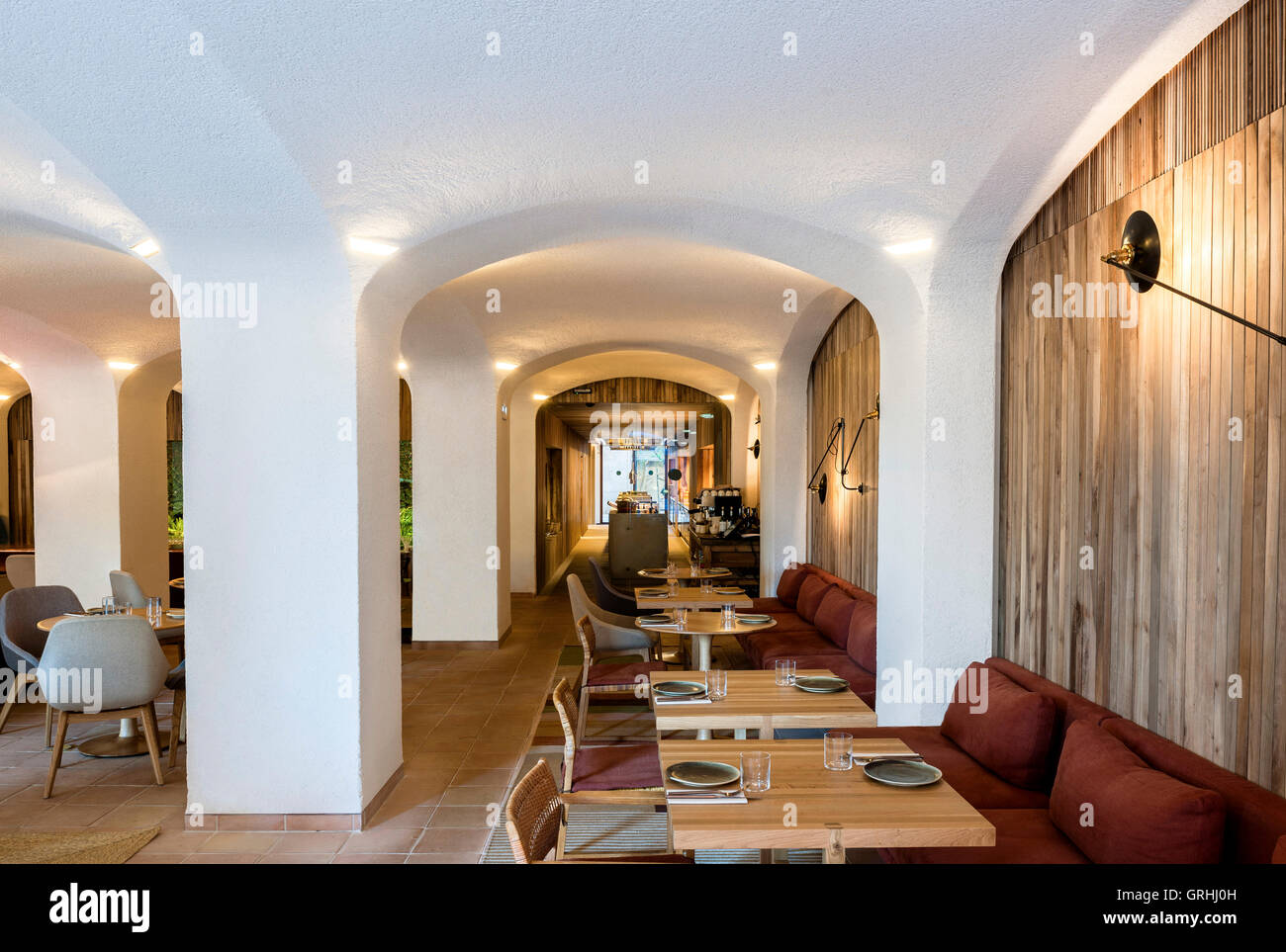 Wide angle view of laid tables looking towards kitchen. Green Spot ...