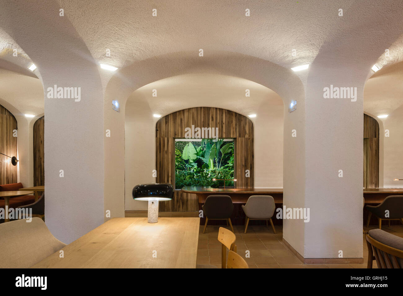 Wide angle view of arches, tables and bar. Green Spot Restaurant ...